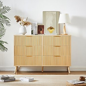 Bedroom Dresser, 6 Double Dressers with Wavy Drawers, Wooden Chest of Drawers for Children's Room, Living Room, Entrance and Hallway, Natural, 47.2''W x 15.8''D x 31.7''H