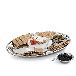 Arthur Court Sand-Cast Aluminum Olive Pattern 5 Piece Entertainment Tray 2 Serving Bowls, Tray, Spread, Marble 20 inch x 13 inch