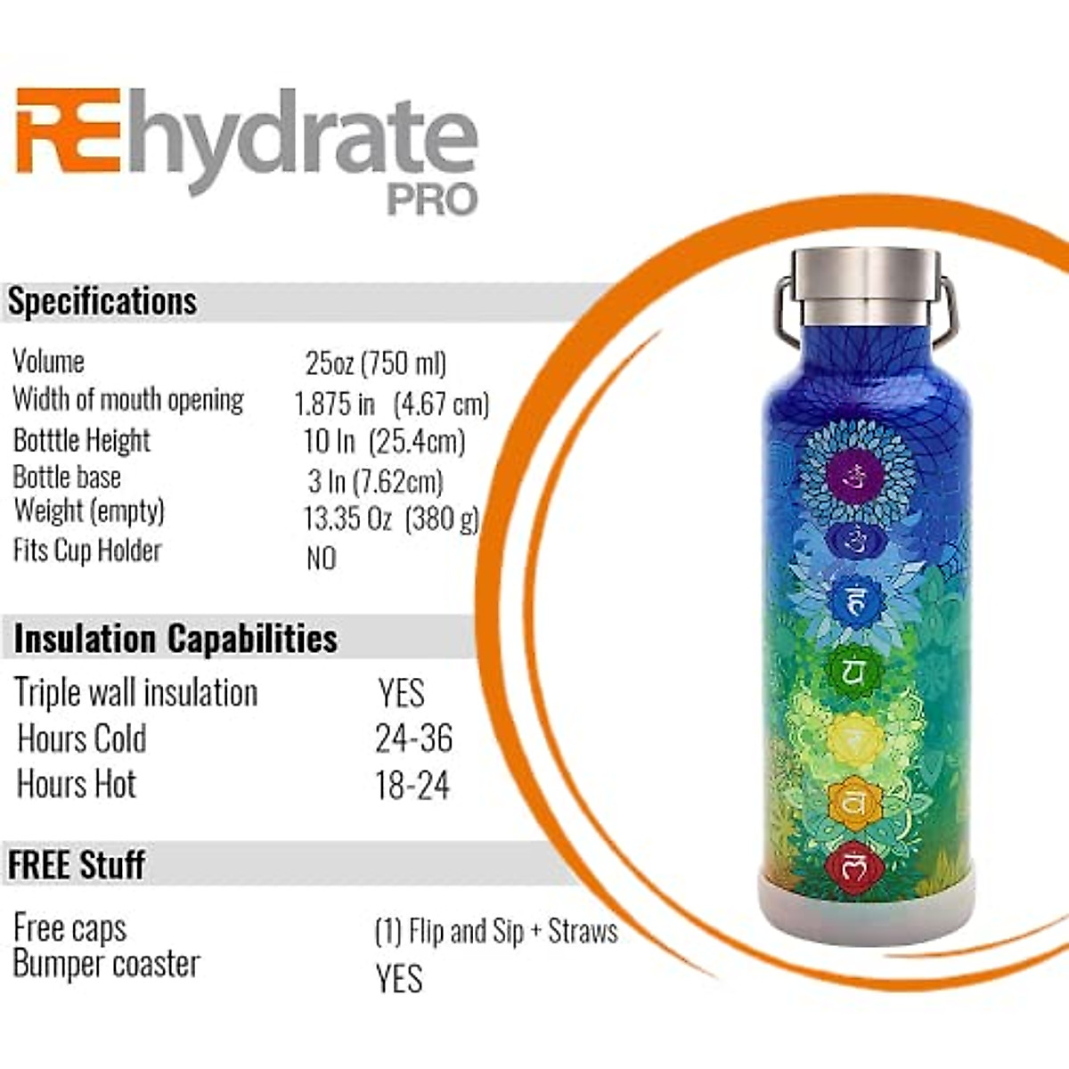 Rehydrate Pro 25oz Insulated Water Bottle with Straw, Bonus Lids and Leak Proof Flask to Keep Liquids Hot or Cold- Triple Wall Vacuum Water Bottle Insulated, Perfect for Gifts