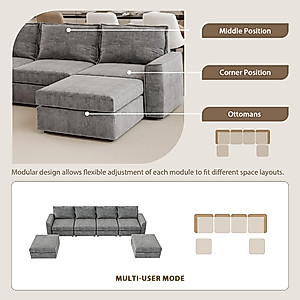 Ball & Cast 115" Chenille U-Shaped Sectional Sofa Set,Minimalist Style Chenille Modular Cloud Couch with Convertible Ottoman Chaise for Living Room,Free Combination,Gray