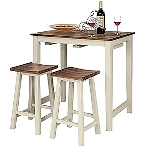 COSTWAY 3 Pieces Dining Set, Counter Height Pub Table Set with 2 Saddle Stools, Industrial Wood Breakfast Table Set for Bar, Kitchen, Living Room, Restaurant