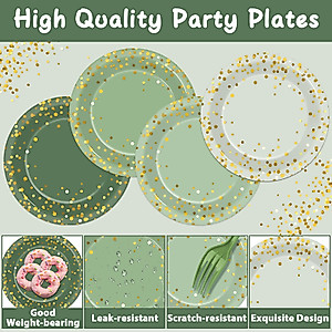 OBUSATT 100Pcs Sage Green Paper Plates Green and Gold Party Supplies Polka Dot Green Tableware Disposable 7 Inch Dinner Dessert Cake Plates for Bridal Baby Shower Wedding Birthday Party Decorations