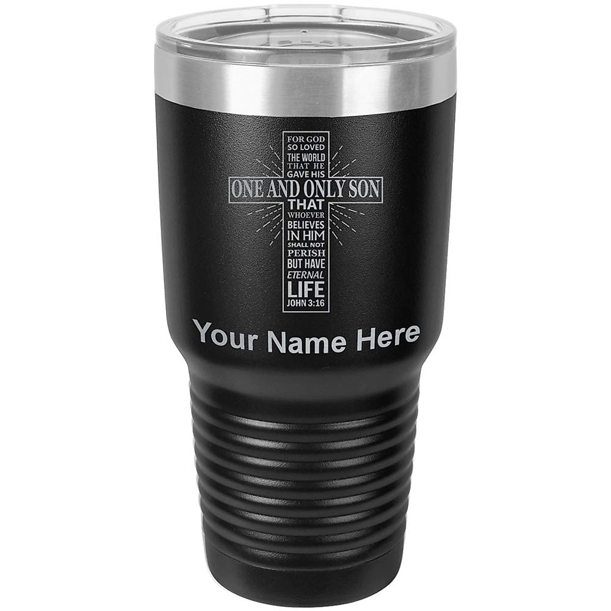 LaserGram 30oz Vacuum Insulated Tumbler Mug, Bible Verse John 3-16, Personalized Engraving Included (Black)