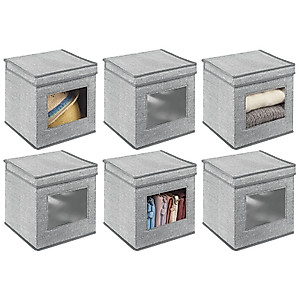 mDesign Fabric Stackable Square Cube Storage Organizer Box with Window/Attached Lid for Organizing Bedroom Closet - Holds Purses, Linens, Accessories - Lido Collection - 6 Pack - Gray
