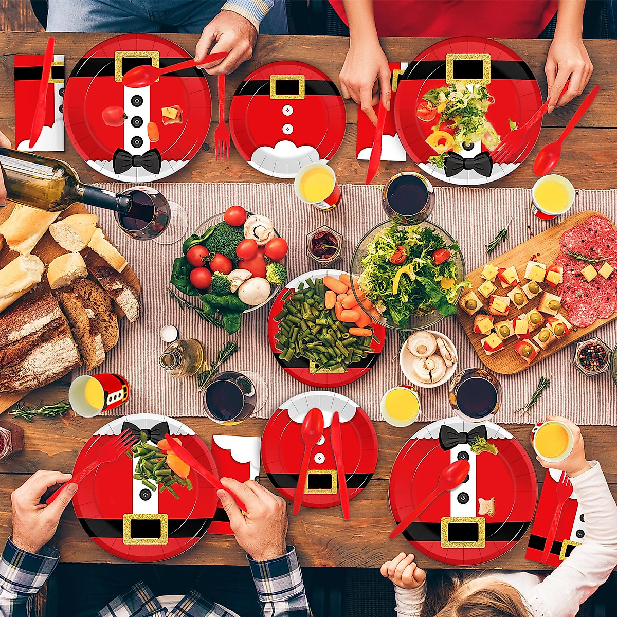 Kepeel 168 Pcs Santa Christmas Party Decorations, Santa Claus Suit Party Paper Plates Napkins Cups, Plastic Forks Knives Spoons Supplies for Winter Holiday Merry Christmas Party Disposable Tableware