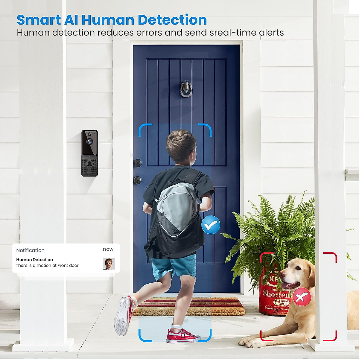 ALPHAPEACH Smart Video Doorbell Camera Wireless with Included Chime, AI Human Detection, Cloud Storage, Night Vision, 2-Way Audio, Battery Powered, 2.4G WiFi, Indoor Outdoor Surveillance