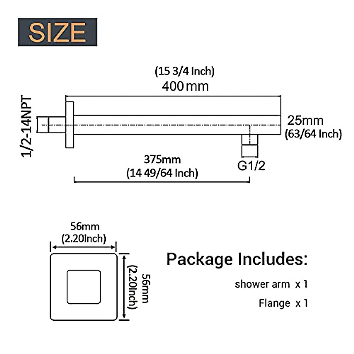 AZOS 16 Inch Shower Arm with Flange, Rain Shower Head Extension Extender, Chrome Universal Showering Components Shower Arm Stainless Steel Bathroom Rainfall Showerhead
