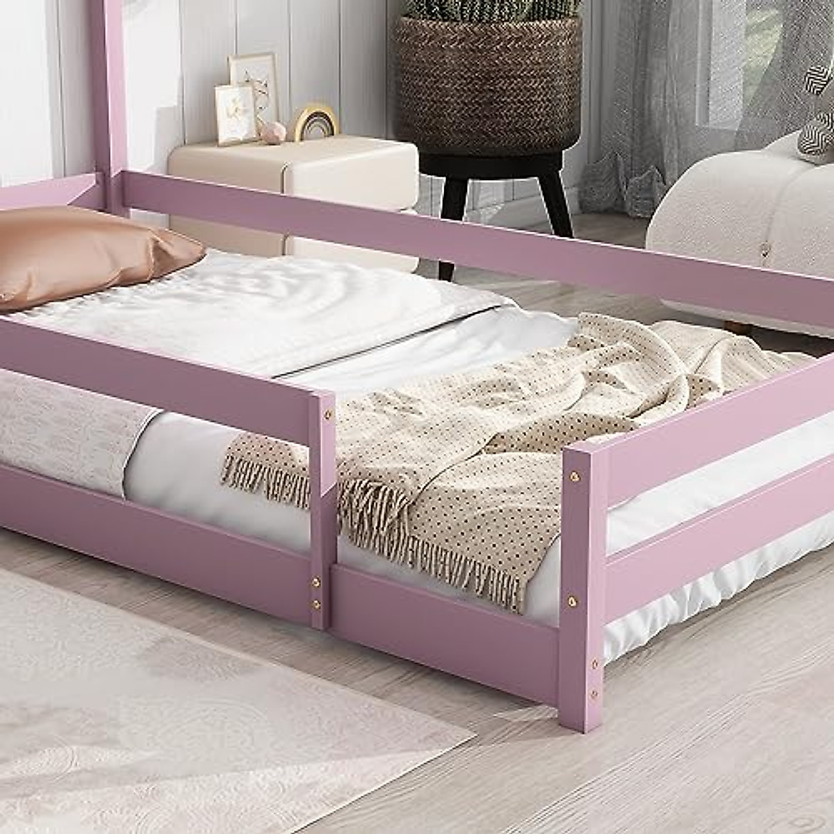 Twin Size Platform Bed, Wooden Platform Bed Frame with House-Shaped Headboard, Floor Bed with Fences for Kids Boys Girls Bedroom (Pink 01)