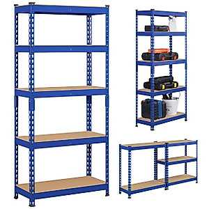 Topeakmart 4 PCS 5-Tier Utility Shelves, Metal Storage Shelves Garage Shelving Unit Adjustable Garage Storage Shelves Storage Racks Heavy Duty Shed Shelving- Blue, 27.5 x 12 x 60 Inch