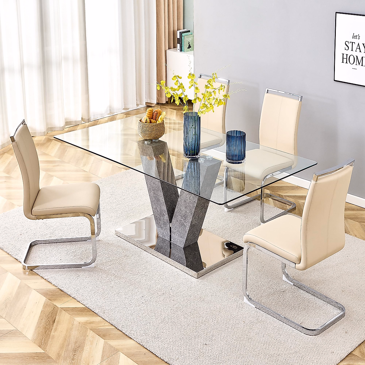 AISYKOD Dining Chairs Set of 4, Modern Dining Room Chair with Faux Leather Upholstered Seat High Back & Sturdy Chrome Silver Legs, Sillas De Comedor Chair for Dining Room,Kitchen,Living Room,Beige