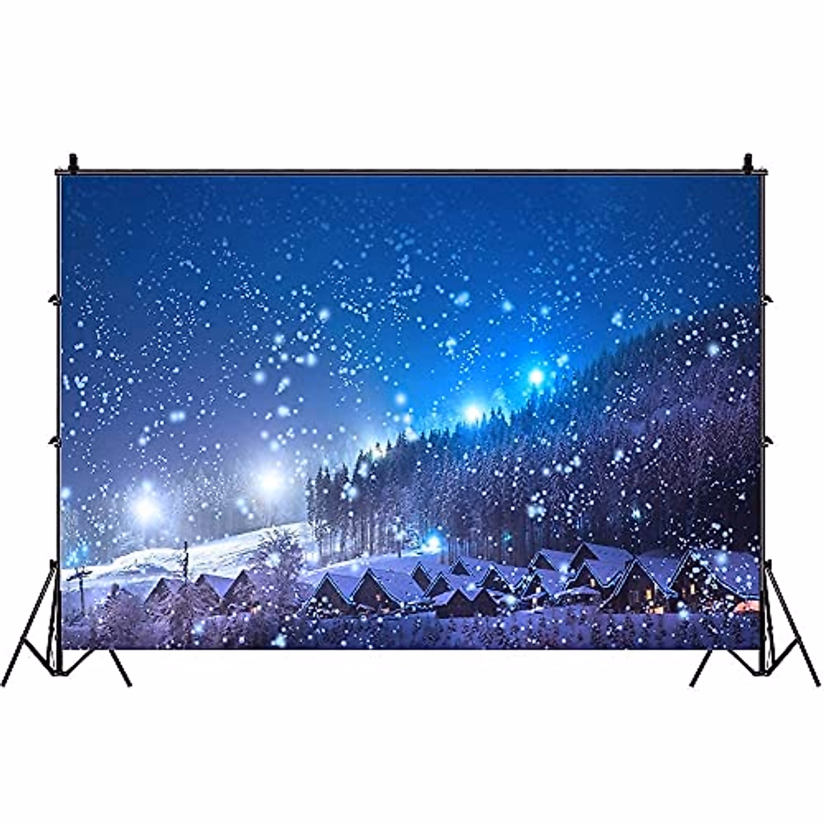 Leowefowa 5X3FT Christmas Backdrop Rustic Village Night View Forest Trees Snowing Shining Lights Blue Sky Winter Xmas Vinyl Photography Background Kids Children Newborn Photo Studio Props