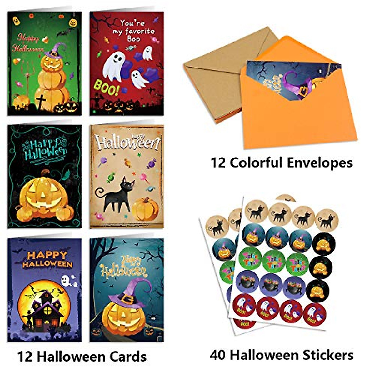 FANCY LAND 12 Halloween Cards Halloween Greeting Cards with Envelopes and Stickers 5 x 7 Note Cards