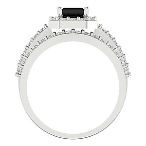 2.20ct Emerald Cut Halo Solitaire Natural Black Onyx Engagement Promise Anniversary Bridal Ring Band set 14k White Gold 9