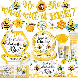 Yingoto 168pcs What Will it Bee Gender Reveal Decorations Tableware Set, Bee Gender Reveal Decorations Include Banner, Plates, Napkins, Tablecloth, Bee Party Decorations for Baby Shower, Serve 25