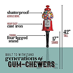 Gumball Machine - 15 Inch Candy Dispenser with Stand for Bubble Gumballs - Heavy Duty Red Metal with Large Acrylic ShatterProof Bowl - Easy Twist-Off Refill - Free or Coin Operated - by The Candery