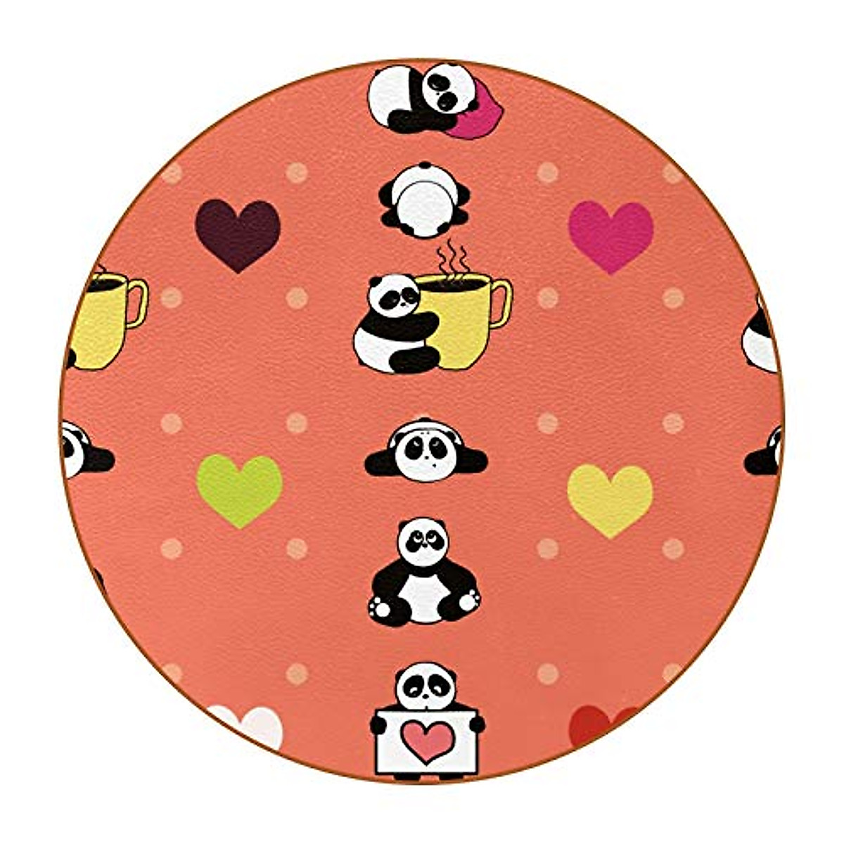 6 PCS Premium Leather Coasters for Drinks - Heat Resistant Drink Coaster - Protect Furniture from Stains Water Rings and Damage - Funny Sleepy Panda Coffee and Hearts Pattern