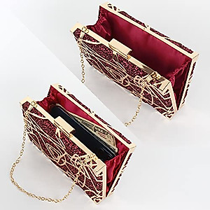 Reberomantic Women Metal Handbag Chain Geometric Evening Clutch Purse (W-Dark Red)