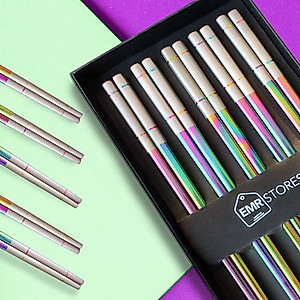 EMRSTORES Stainless Steel Chopsticks -Premium Metal Chopsticks with Titanium Plating - 5 Pairs Dishwasher Safe Chopsticks Reusable - Easy to Use - Square Lightweight Chop Sticks Gift Set