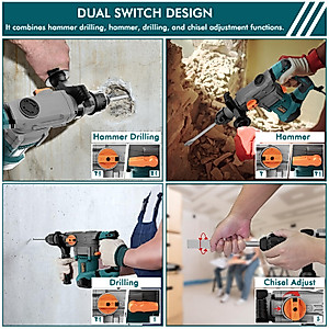 Glority 13 Amp Rotary Hammer Drill with Safety Clutch, Variable Speed, 5 Bits, Chisels