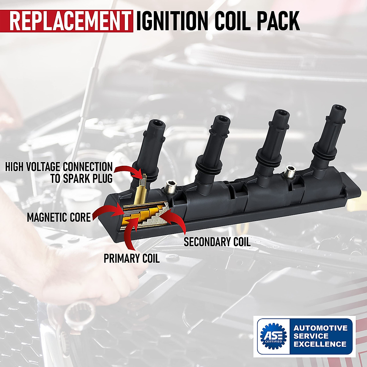 Ignition Coil Pack - Compatible with Chevy, Buick, Cadillac Vehicles - 2011-2018 - 1.4L Encore, ELR, Cruze, Cruze Limited, Sonic, Trax, Volt - Replaces D521C, 55577898, 55579072, 25198623, UF669