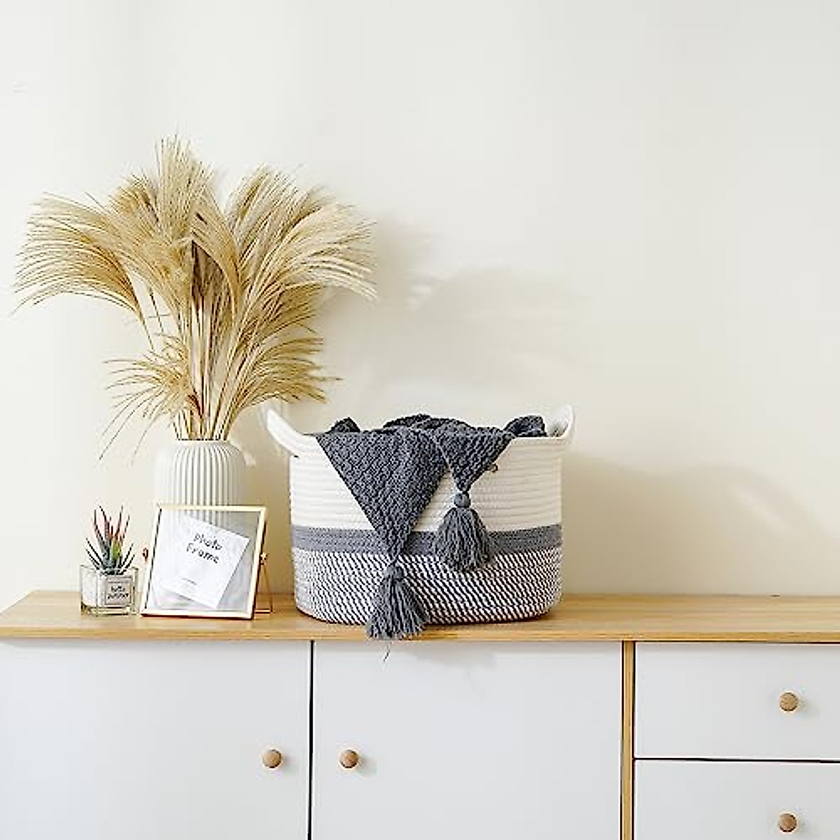 JIA QAQ Square Cotton Rope Samll Baskets With Handles for Nursery, Toys, Household, Handcrafted Woven Gift Baskets for Storage and Organization,13.5x11x9.5inch (white-grey)