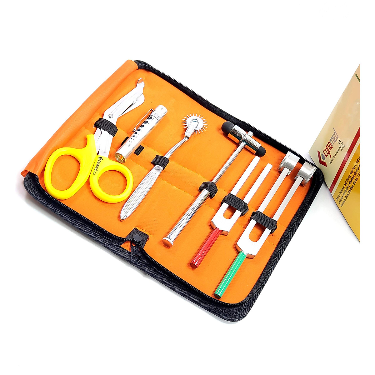 Cynamed Set of 6 pcs Reflex Percussion Buck Hammer + Penlight +Tuning Fork C 128 C 512 + Bandage Scissors 7.25" + Wartenberg Pinwheel (Set of 6)