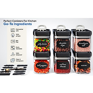 Chef's Path Airtight Food Storage Containers with Improved Lids, Set of 6, 1L Kitchen and Pantry Canisters for Coffee, Spices, and Dry Food, Includes Labels and Marker - Transparent, All Same Size