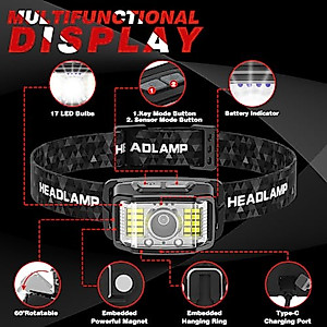 Headlamp Rechargeable,2 Pack 2000 Lumen Ultra Bright Led Headlamp,16 Modes Motion Sensor Head Lamp,Waterproof Lightweight White Red LED Flashlight for Camping,Cycling,Running,Headlamps for Adults 1