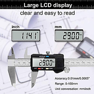 Caliper Measuring Tool, Qfun Vernier Digital Caliper Stainless Steel 6 Inch/150mm, Digital Micrometer Waterproof, Easy Switch from Inch to Millimeter, Large LCD Screen