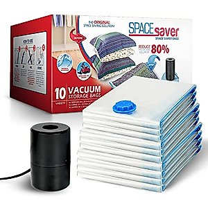 Spacesaver Vacuum Storage Bags (Electric Pump + Variety 10-Pack) Save 80% on Clothes Storage Space - Vacuum Sealer Bags for Comforters, Blankets, Bedding, Clothing - Compression Seal for Closet Storage.