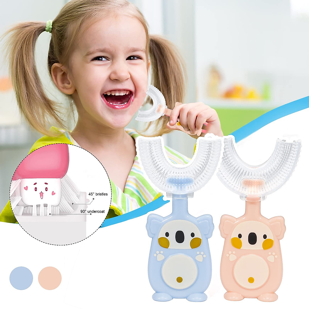 2PCS Kids U- Shaped Toothbrushes with 2PCS Replace Food Grade Soft Silicone Brush Head and Non-Slip Handle, 360° Oral Teeth Cleaning Design for Toddlers and Children 2-12 Years Tooth Brush(Style-3)