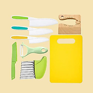 Leking 8 Pcs Wooden Kids Kitchen Knife, Plastic Kids Knife Set Include Wood Kids Safe Knife, Serrated Edges Plastic Toddler Knife, Plastic Potato Slicers, Sandwich Cutter, Y Peeler and Cutting Board