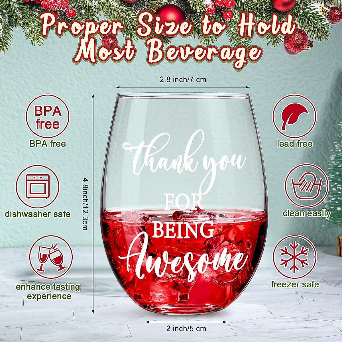 Mumufy 6 Pieces Thank You Stemless Wine Glass Gifts for Women, Inspirational 17oz Cups for Her Coworker Friends Teacher, Christmas Appreciation Birthday Thanksgiving Day Gifts Cups, 6 Styles