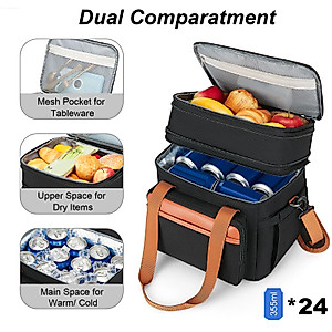 HSHPX Insulated Lunch Box Lunch Cooler Bag for Men: Expandable Large Lunchbox for Picnic Work Office Outdoor - Reusable Double Deck Lunch Tote for Adults Black Brown 15L
