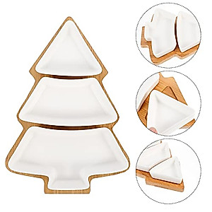 DOITOOL Christmas Ceramic Serving Dish Removable Xmas Tree Snack Appetizer Tray Dessert Platter Porcelain Jewelry Plate with Bamboo Base for Holiday Wedding Home Party White