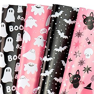 WRAPAHOLIC Wrapping Paper Sheet - 12 Sheets Pink and Black Halloween Theme Design Folded Flat with 12 Gift Tags for Party - 19.7 Inch X 27.5 Inch Per Sheet