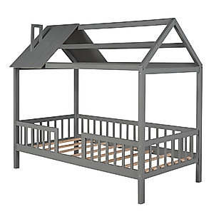 MERITLINE Twin House Bed Kids Montessori Beds Playhouse Tent Bed, Solid Wood Platform Bed Frame with Fence and Roof for Kids Teens Adults (Twin Size, Gray)