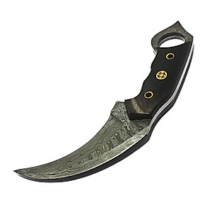 Custom Handmade Damascus steel EDC Karambit hunting knife with black horn handle.