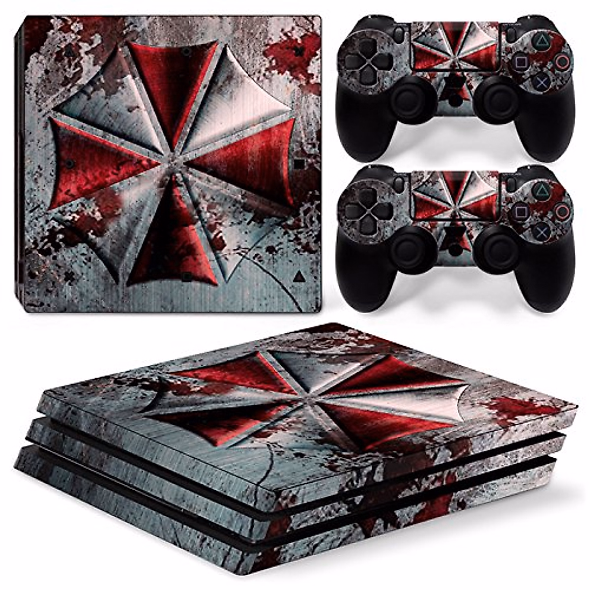 ZOOMHITSKINS PS4 Pro Console and Controller Skins, War Umbrella Red Black Silver Grey Metal Stain Water Blood, High Quality, Durable, Bubble-free, 1 Console Skin 2 Controller Skins, Made in USA