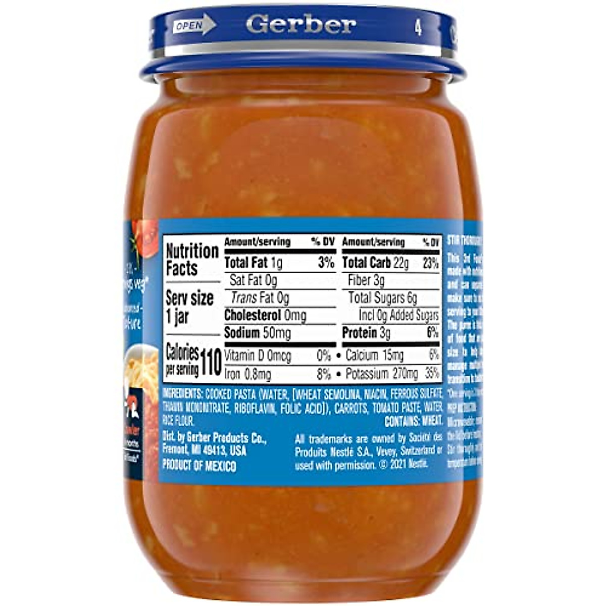 Gerber Mealtime for Baby 3rd Foods Veggie Power Baby Food Jar, Pasta Marinara, Non-GMO Pureed Baby Food for Crawlers, 6-Ounce Glass Jar (Pack of 12 Jars)