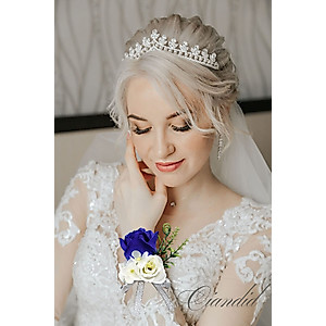 Ciandid Royal Blue Rose Wrist Corsage and Boutonniere set for Wedding, 3PCS Groom Groomsman Boutonnieres & 3PCS Bride Bridesmaid Wrist Corsages Wristlet Bracelet Flower for Wedding Ceremony Prom Party