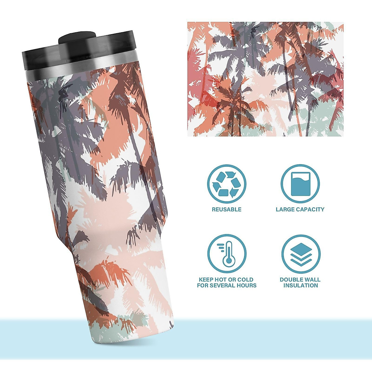Yasala Car Tumbler with Handle Palm Tree Watercolor Travel Mug Coffee Cup Insulated Beverage Container Mega Cup for Hot Cold Drinking Thermos Water Bottle Cupholder Friendly 40 oz