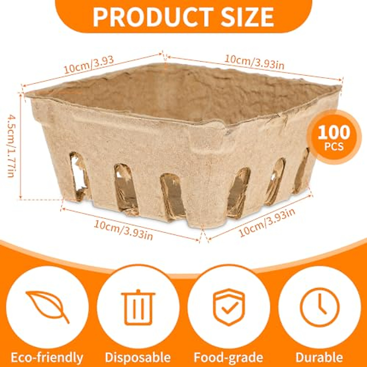 Tobeelec 100 Pcs Pulp Fiber Berry Basket, Products Berry Baskets, Molded Pulp Fiber Vented Produce Basket for Packaging Fruits and Veggies, Small Farmer Market Produce Basket Containers