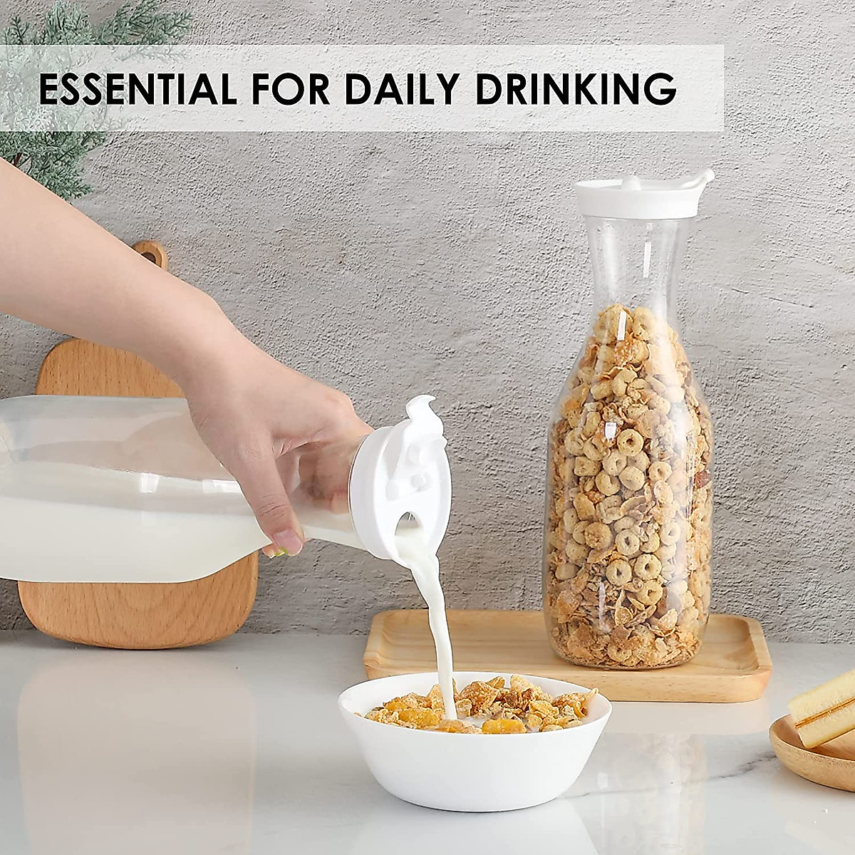 6 Pack Large 50 Oz Water Carafe with White Flip Top Lid, Clear Plastic Juice Jar Containers, Mimosa Bar Beverage Pitcher BPA Free - for Water, Iced Tea, Juice, Lemonade, Milk, Soda —HAND WASH ONLY