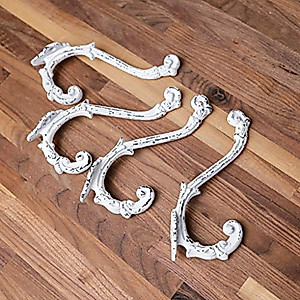 CRAFTSMAN ROAD Vintage Cast Iron Wall Hooks (Antique White Finish, Set of 4) - Rustic, Farmhouse, Shabby Chic, French Country Coat Hooks | Great for Coats, Bags, Towels, Hats | French Slender