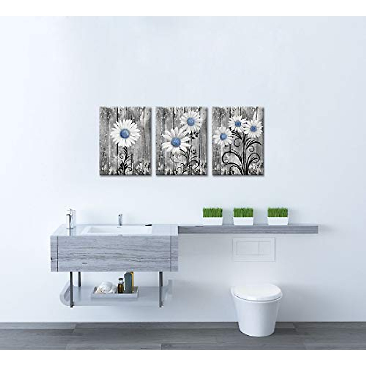 Zlove 3 Pieces Bathroom Picture Wall Decor Rustic Blue Daisy Flowers Giclee Print Gallery Wrap Modern Floral Home Kitchen Decor Ready to Hang 12x16inchx3pcs