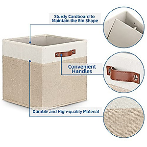 Temary Cube Storage Bins Storage Basket for Shelves Fabric Storage Cubes Closet Baskets for Cube Storage with Leather Handles, Cloth Bins for Home and Office (White & Khaki, 13x13x13 Inch)