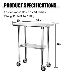 Hasopy Stainless Steel Table for Prep, Heavy Duty Work Table with 4 Casters for Commerical Kitchen, Restaurant, Home and Hotel (30'' X 18'')