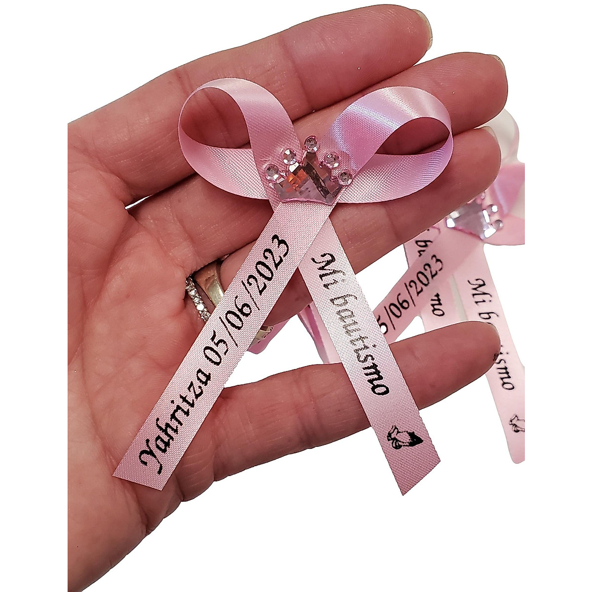 25 Personalized Baptism Christening Ribbons Party Favors or Baby Shower Sprinkle Bautizo Birthday Assembled Bows Custom Ribbon anos quinceaneras listones