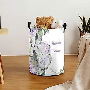Elephant Purple Floral Garden Storage Bin, Waterproof Oxford Fabric Clothes Basket Organizer for Laundry Hamper,Toy Bins,Gift Baskets, Bedroom, Clothes,Baby Nursery